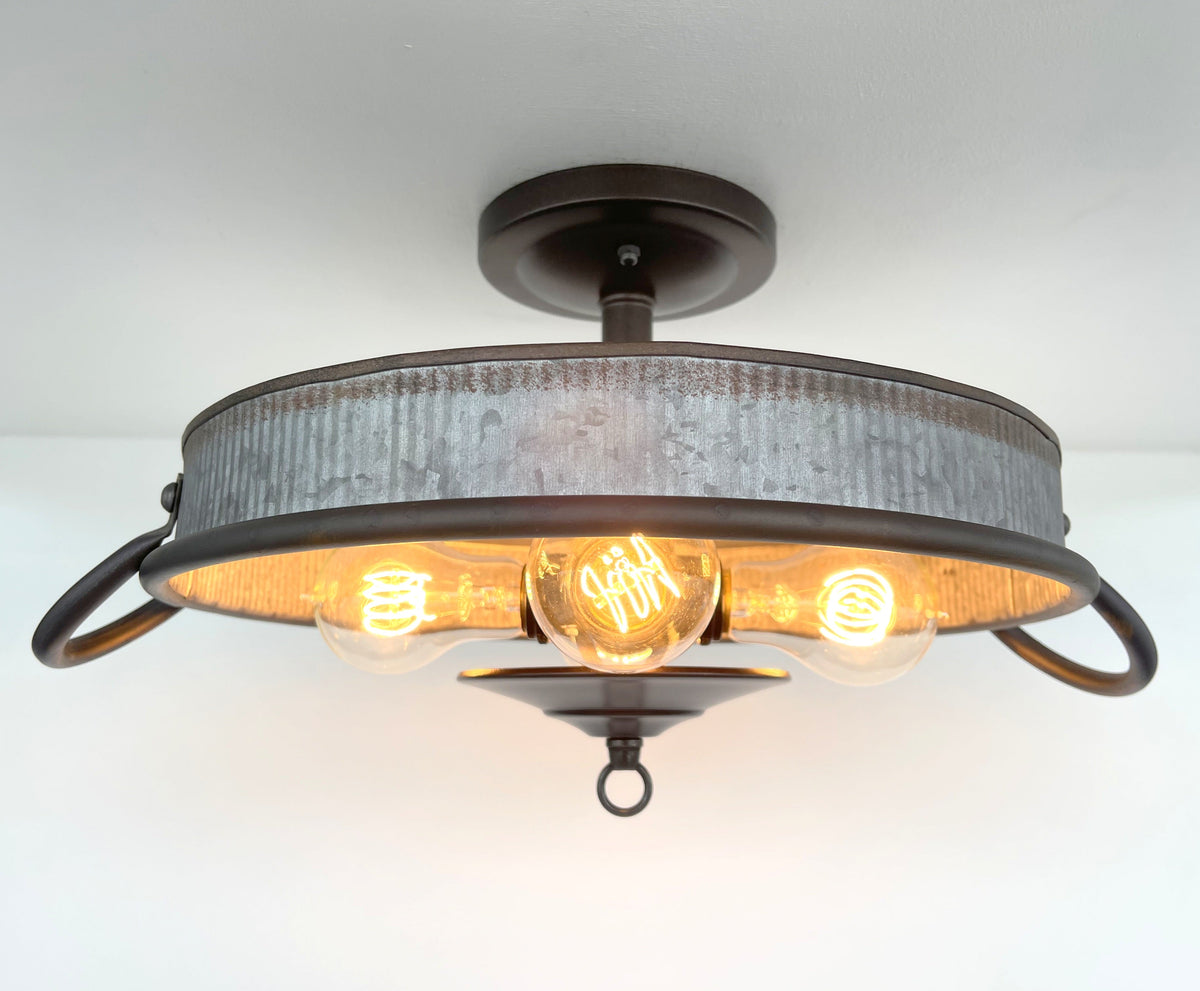 Farmhouse Ceiling Light -Rustic Reeded Galvanized Flat Tub – Nox Lighting